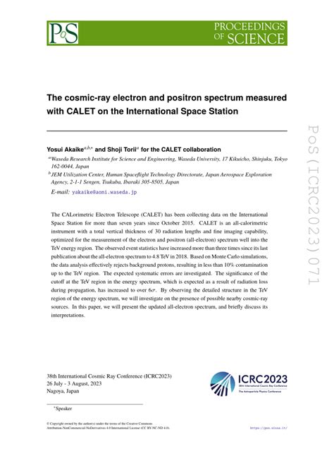 Pdf The Cosmic Ray Electron And Positron Spectrum Measured With Calet On The International