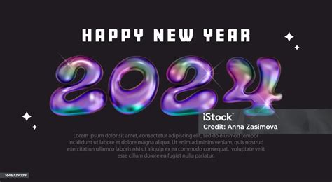 2024 컬러풀 크롬 넘버 독특하고 다채로운 숫자로 2024년 새해 복 많이 받으세요 포스터 배너 인사말 및 Y2k 미학이 있는 2024년 새해 축하를 위한 프리미엄 벡터