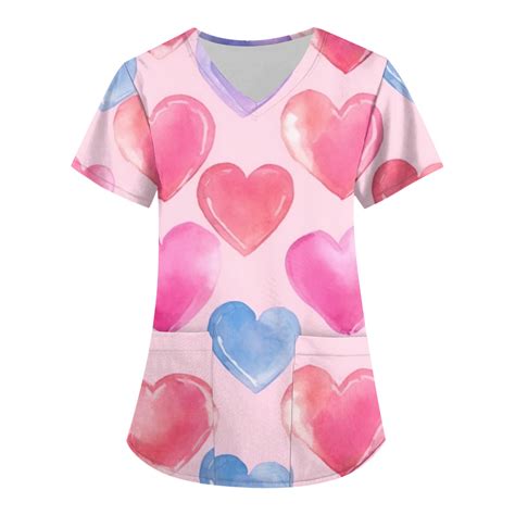 Bdporkas Valentines Day Scrubs For Women Working Uniform Workwear Love Heart Print Stretchy