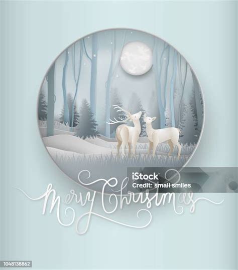 일러스트 레이 션 및 소나무 숲 숲과 순 록의 아름 다운 겨울의 풍경 배경입니다 메리 크리스마스와 새 해 인사 카드 개념입니다 종이 예술과 디지털 공예 스타일 눈 냉동상태의