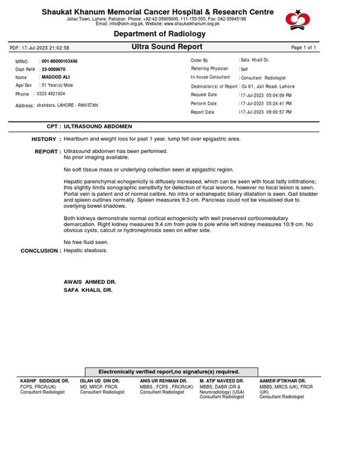 Shaukat Khanum Memorial Cancer Hospital And Research Centre Cpt History Report Ultrasound