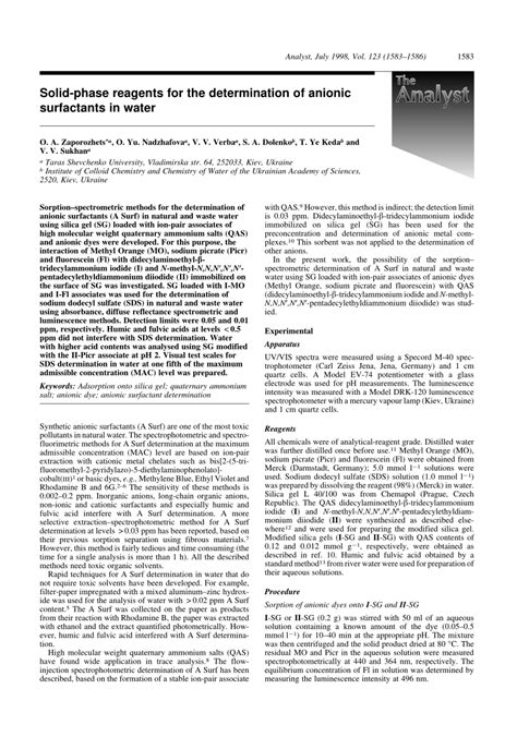 Pdf Solidphase Reagents For The Determination Of Anionic Surfactants In Water