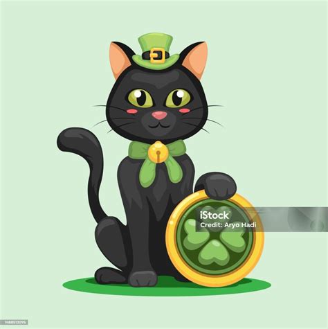 정향 동전을 가진 검은 고양이 세인트 패트릭 데이 시즌 캐릭터 만화 일러스트레이션 벡터 3월에 대한 스톡 벡터 아트 및 기타 이미지 3월 St Patricks