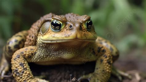 Large Brown And Yellow Toad Sitting On A Log Background Show Me A