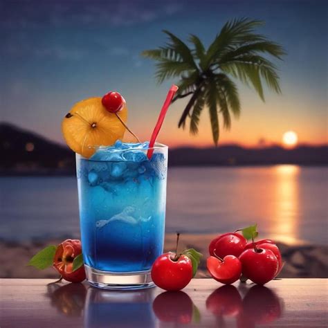 A Glass Of Blue Cocktail With A Palm Tree And A Palm Tree On The Table