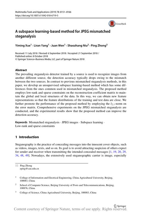 A Subspace Learning Based Method For Jpeg Mismatched Steganalysis Request Pdf