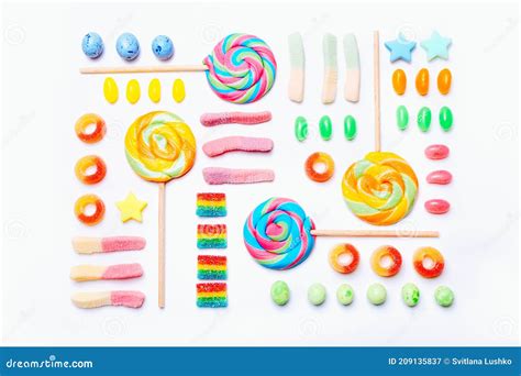 Mixed Collection Of Colorful Candy On White Background Flat Lay Top View Royalty Free Stock