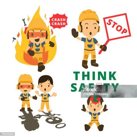 건설 노동자 작동 안전 먼저 사고 건강 및 안전 벡터 일러스트 레이 터의 설정 1위에 대한 스톡 벡터 아트 및 기타 이미지
