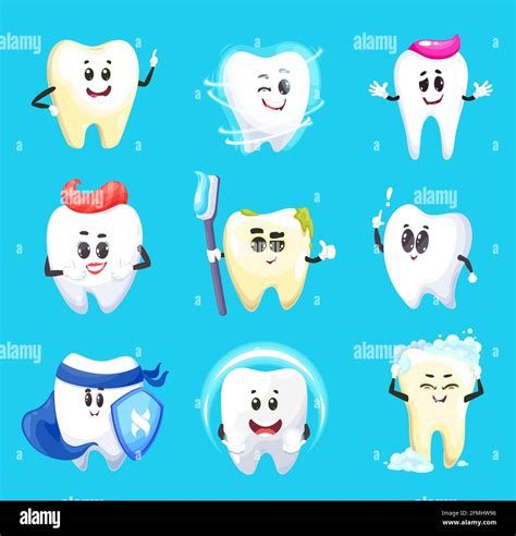 Tooth Cartoon Characters Of Dental Hygiene Vector Design Happy Smiling