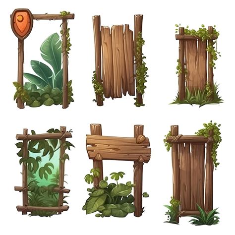 게임 Ui를 위한 트로픽 잎 이끼와 리아나 식물이 있는 정글 나무 보드의 나무 간판 프리미엄 벡터