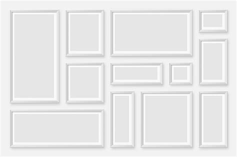현실적인 빈 흰색 사진 프레임 모음입니다 예술 작품 사진 또는 광고를 위한 현대 포스터 모형 미술관 실내 장식 및 브랜딩에 적합합니다 벡터 일러스트 레이 션 0명에 대한