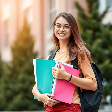 A Beautiful College Girl With Backpack And Holding Files Premium Ai