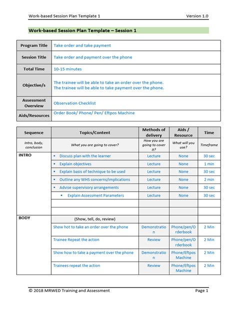 7b Work Based Session Plan Template 1 Pdf Human Communication Learning