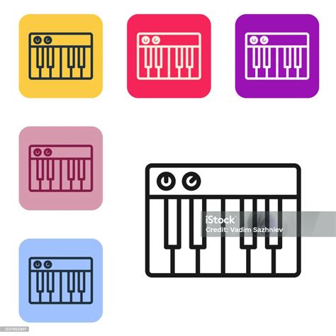 흰색 배경에 격리 된 검은 선 음악 신디사이저 아이콘입니다 전자 피아노 색상 정사각형 버튼으로 아이콘을 설정합니다 벡터 일러스트레이션 검은색에 대한 스톡 벡터 아트 및 기타