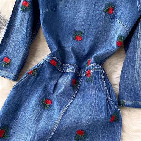 Vintage Rose Embroidered Denim Dress Classy Bodycon Dress On Luulla