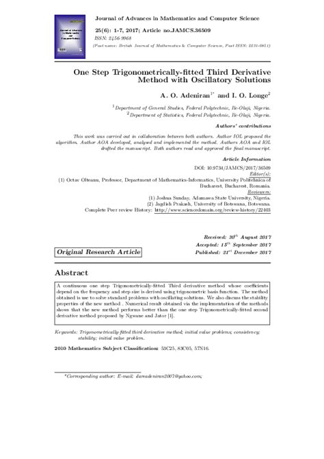 Pdf One Step Trigonometrically Fitted Third Derivative Method With Oscillatory Solutions