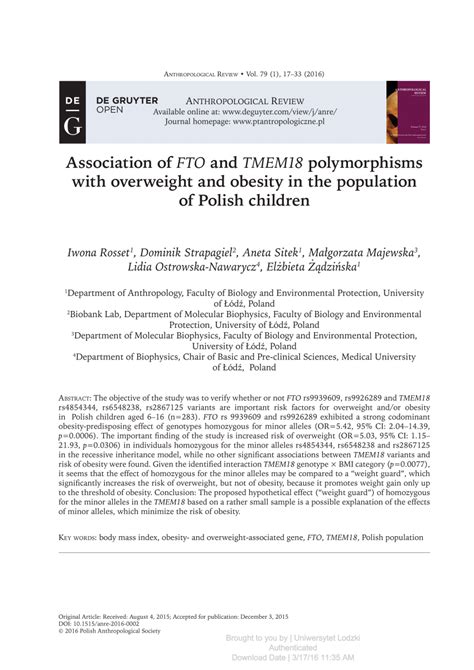Pdf Association Of Fto And Tmem18 Polymorphisms With Overweight And Obesity In The Population