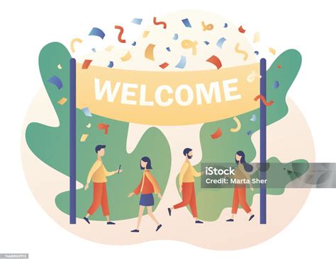 환영 개념입니다 친절한 팀은 새로운 팀원에게 행복합니다 이벤트 축하 회의 인사말 현대 평면 만화 스타일입니다 흰색 배경에 벡터 그림 Welcoming Ceremony에 대한