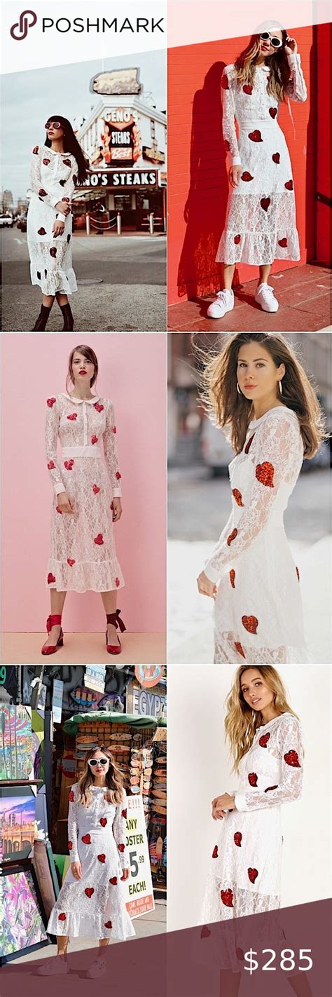 Nwt For Love And Lemons X Jamie King White Lace Red Sequin Hearts Midi