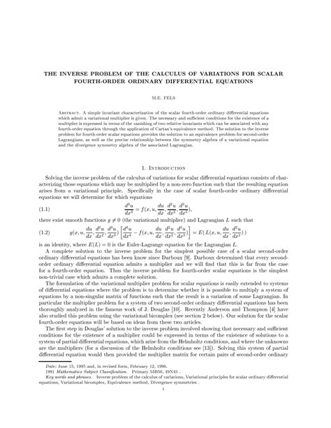 Pdf The Inverse Problem Of The Calculus Of Variations For Scalar Fourth Order Ordinary