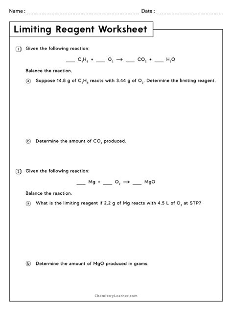 Limiting Reagent Worksheet Pdf