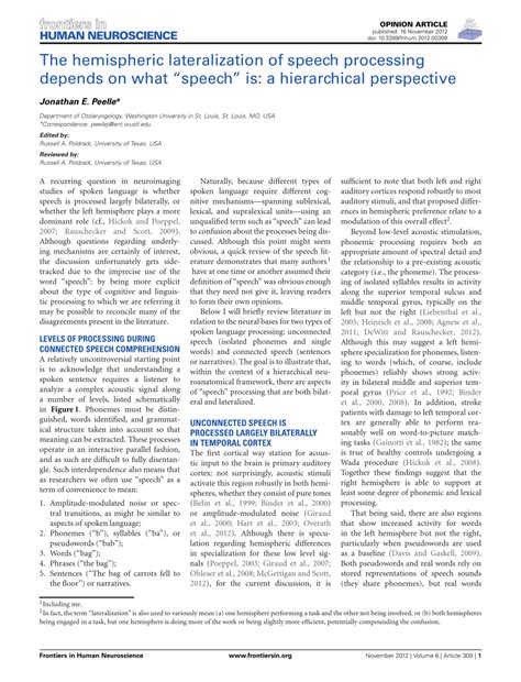 Pdf The Hemispheric Lateralization Of Speech Processing Depends On What Speech” Is A