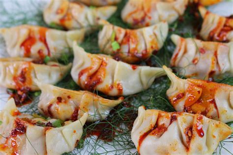 찐 모모 닭고기와 혼합 야채로 채워진 흰 밀가루와 물 반죽 칠리 오일 회향 침대에 뿌려 다진 파와 고수 잎으로 장식 한 풀 프레임 이미지 높은 전망 0명에 대한 스톡 사진