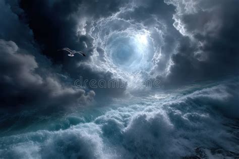Majestic Ocean Waves Under Swirling Storm Clouds During Twilight Hours Stock Image Image Of
