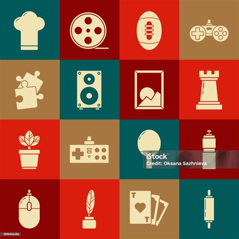 롤링 핀 피트니스 셰이커 체스 기호 미식 축구 공 스테레오 스피커 퍼즐 조각 요리사 모자 및 그림 풍경 아이콘을 설정합니다 벡터 Brand Name Video Game에