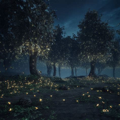 Download Fireflies Dark Forest Clearing Summer Night Royalty Free