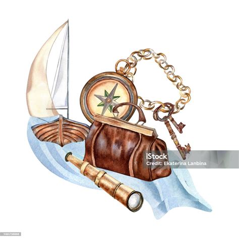 모험 아이템의 구성 빈티지 스타일의 수채화 그림은 흰색으로 분리되어 있습니다 나침반 망원경 범선 손잡이 가방 체인 손으로 그렸습니다 유치한 디자인 소년 지문 요소 엽서 0