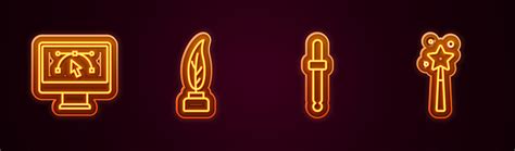 디자인 프로그램 깃털 및 잉크병 스포이드 색상 선택기 팔레트 및 마술 지팡이가 있는 라인 컴퓨터를 설정합니다 빛나는 네온