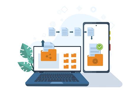 파일 전송 개념 클라우드 기술 업로드 및 다운로드 데이터 백업 문서 저장 장치 간에 파일을 전송하는 비즈니스 캐릭터 배경에 평면