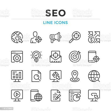 Seo 선 아이콘 설정 현대 개요 요소 그래픽 디자인 개념 스트로크 선형 스타일 간단한 기호 컬렉션입니다 벡터 선 아이콘 아이콘에 대한 스톡 벡터 아트 및 기타 이미지