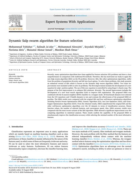 Pdf Dynamic Salp Swarm Algorithm For Feature Selection