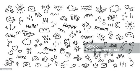 손으로 그린 낙서 벡터 귀여운 간단한 낙서 반짝임 별 하트 화살표 꽃 새와 간단한 손으로 그린 장식 일러스트 가리키기에 대한 스톡 벡터 아트 및 기타 이미지 Istock