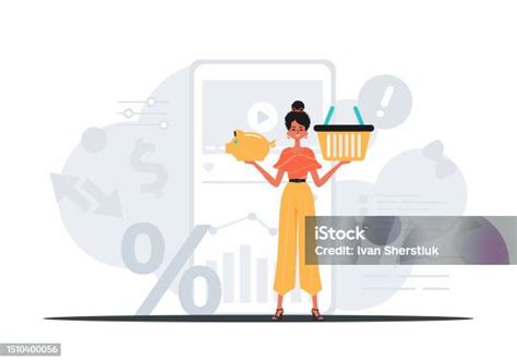 딸은 돼지 저축 저금통과 비난 바구니를 손에 들고 있습니다 디지털 배신 개념입니다 트렌디한 스타일 벡터 일러스트레이션 건설 산업에 대한 스톡 벡터 아트 및 기타 이미지