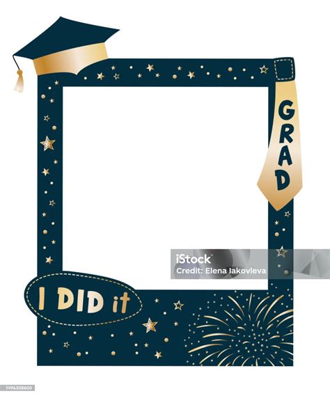 졸업 파티 사진 부스 소품 졸업생과 넥타이를 위한 모자가 있는 프레임 포토부스 벡터 요소 셀카에 대한 개념입니다 졸업생 인용문을 축하합니다 축하를 위한 금색과 검은색 장식