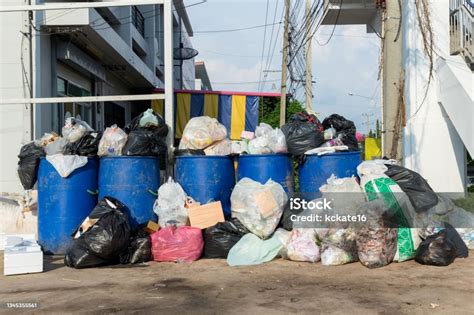쓰레기통은 쓰레기로 가득 차 있습니다 가정용 쓰레기가 넘쳐나는 쓰레기통 넘쳐 흐르는 파란색 쓰레기통 0명에 대한 스톡 사진 및 기타 이미지 Istock