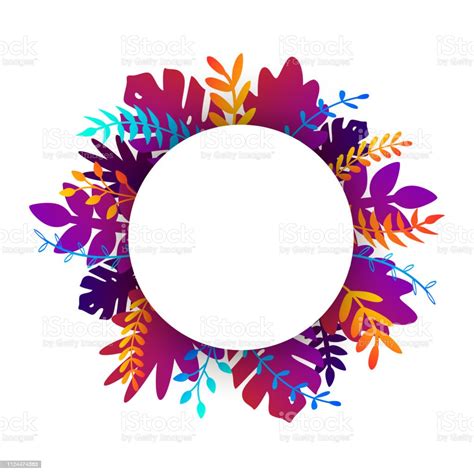 최신 유행 플랫 스타일로 그라데이션 활기찬 색된 이국적인 식물 꽃 벡터 자연 그림 고 텍스트 배치 배너 인사말 카드 포스터에 대 한 현대 식물 라운드 프레임 원형에 대한