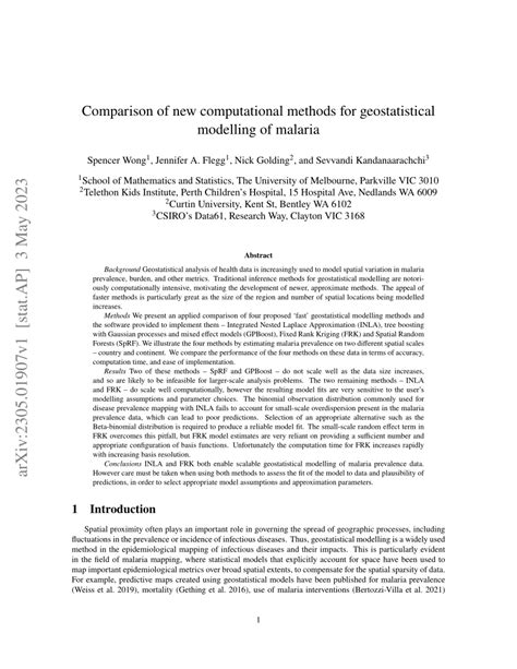 PDF Comparison Of New Computational Methods For Geostatistical Modelling Of Malaria