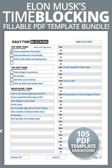 Elon Musks Time Blocking Task And Time Scheduling Templates Etsy Time Blocking Pdf Templates