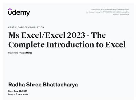 Completed Ms Excelexcel Course With Udemy Radha Shree Bhattacharya