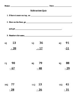 Two Digit Subtraction Quiz By Hannah S House TPT