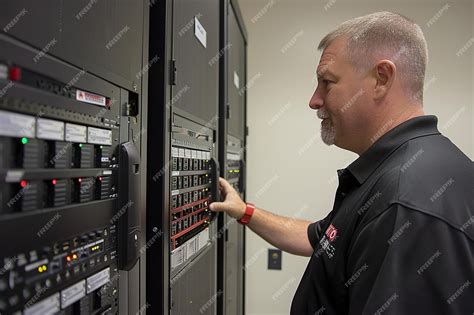 Engineer Troubleshooting Network Connectivity Issues In A Server Room Premium Ai Generated Image