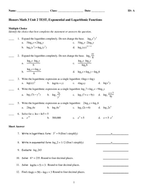 Fillable Online Honors Math 3 Unit 2 Test Exponential And Logarithmic Functions Fax Email Print