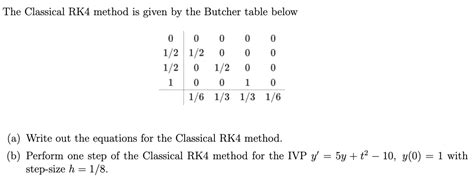 Solved The Classical Rk4 Method Is Given By The Butcher
