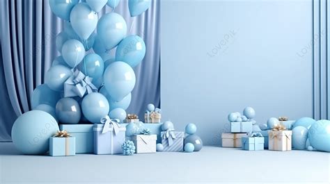 3d 렌더링 모형 생동감 넘치는 장식 선물 풍선 및 선물은 축하 행사를 위해 빈 파란색 벽을 장식합니다 파란 풍선 배경 푸른 벽 배경 빈 풍선 배경 이미지 Hd
