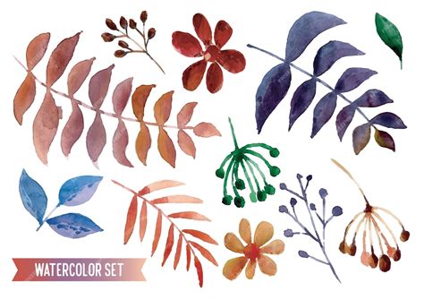 수채화 꽃 컬렉션 녹색 야생 잎으로 구성된 일러스트레이션 색 배경에 고립된 식물 일러스트レー션 프리미엄 벡터
