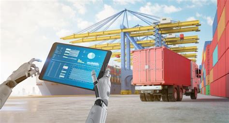 Smart Logistic Concept With Robot Control Distribution System With Tablet Stock Illustration